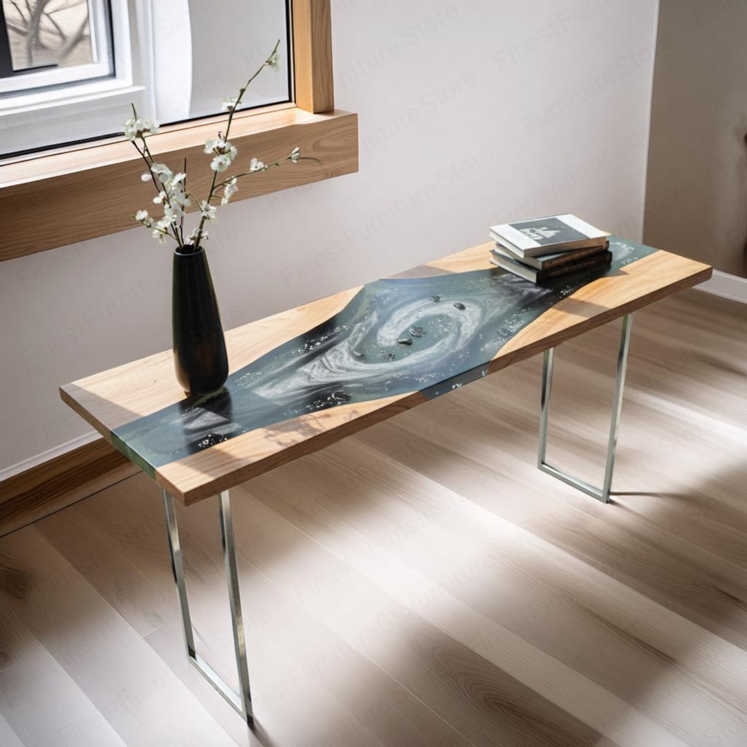 Live Edge Wood & Black Galaxy Resin River Console Table | Modern Epoxy ...