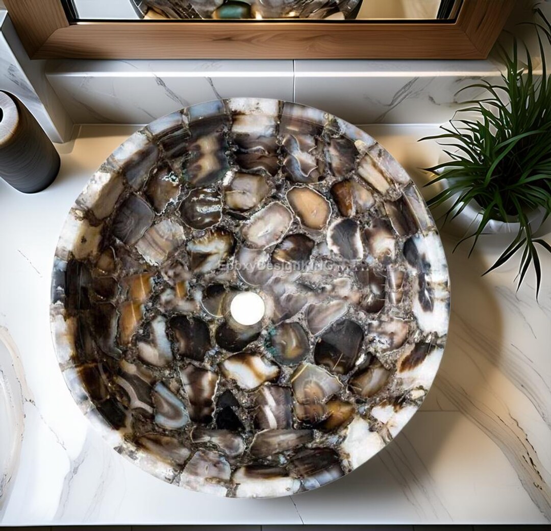 Handcrafted Natural Stone Bathroom Basin | Luxury Brown Agate Gemstone ...