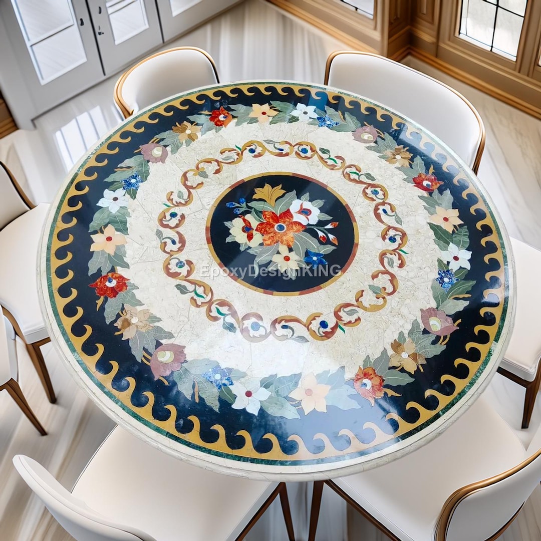 Round Marble Floral Inlay Dining Table | Handmade Pietra Dura Table ...