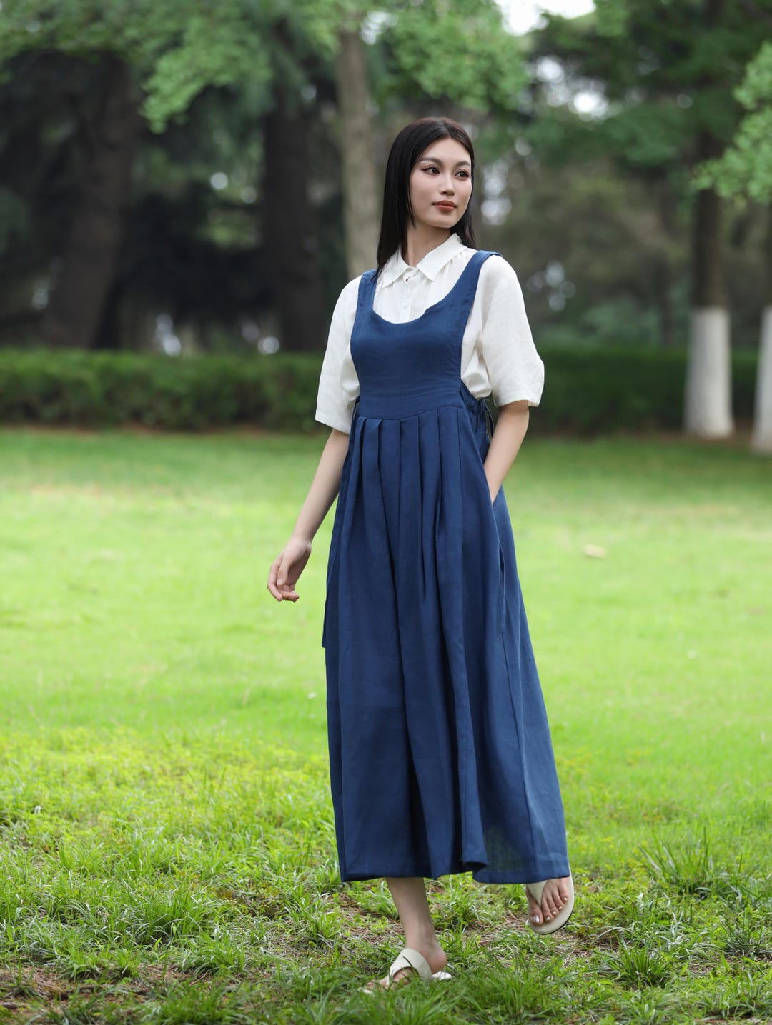 Apron Linen Dress Cottagecore Linen Dress Sleeveless Linen Maxi Dress ...
