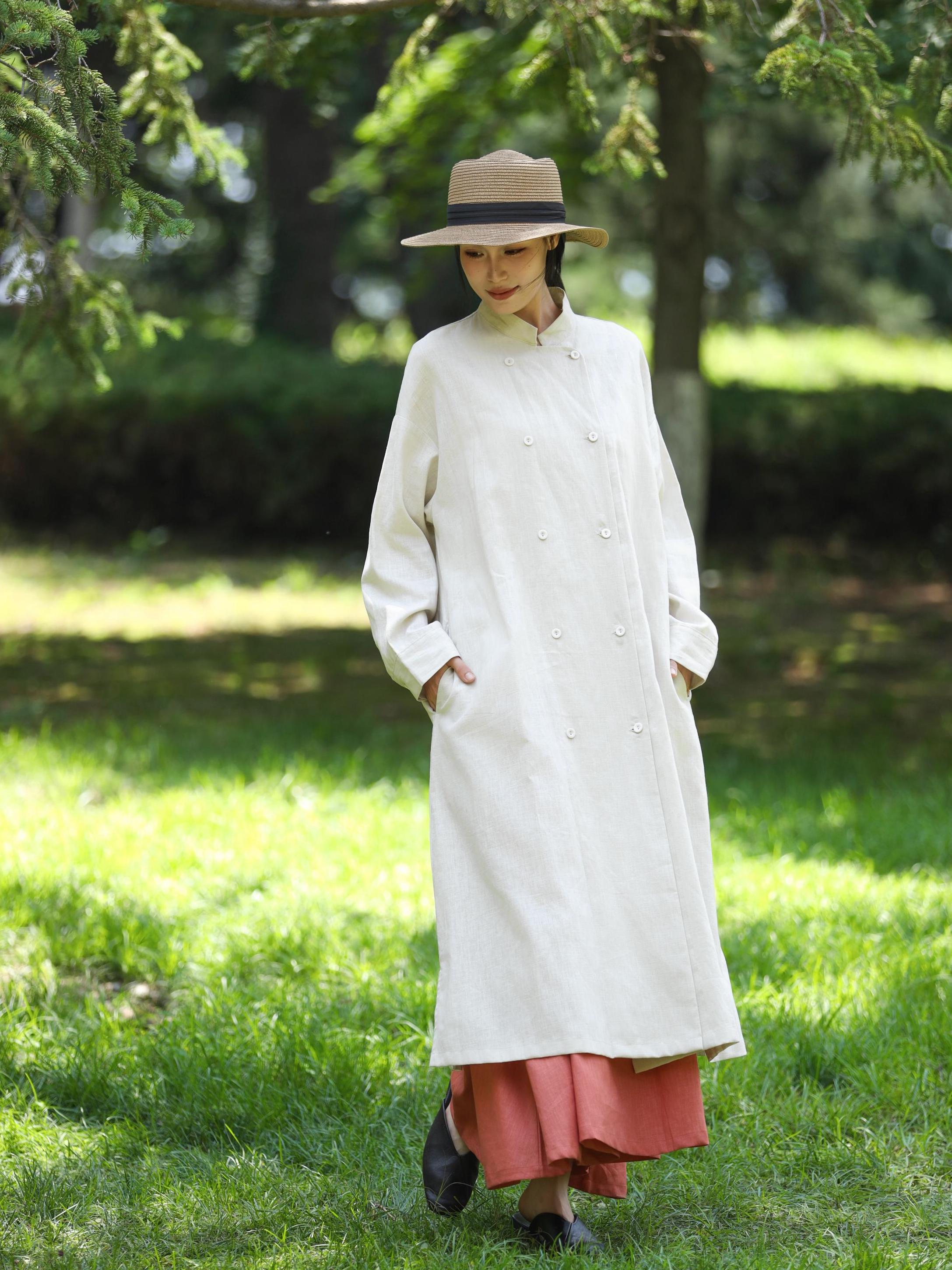 Oversize Linen Coat Long Linen Jacket With Pockets Double-breasted Coat ...