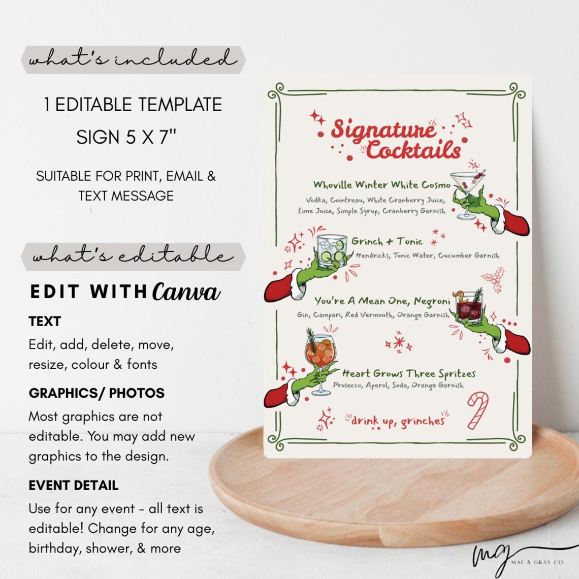 Editable Grumpy Holiday Bar Sign | Green Hand Christmas Cocktail Menu ...