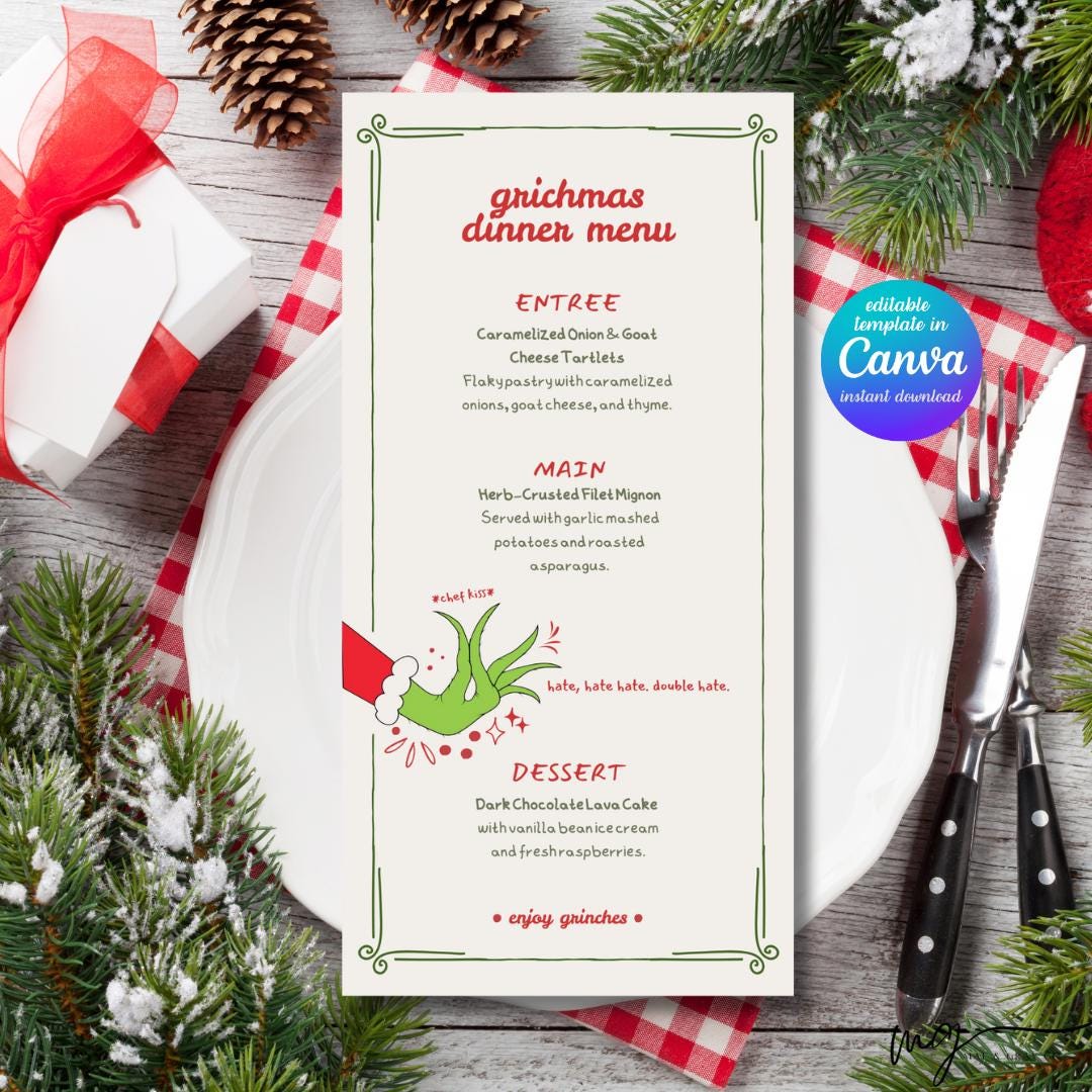 Whimsical Holiday Dinner Menu Template | Grumpy Christmas Party ...