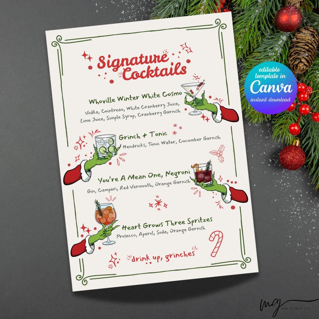 Editable Grumpy Holiday Bar Sign | Green Hand Christmas Cocktail Menu ...