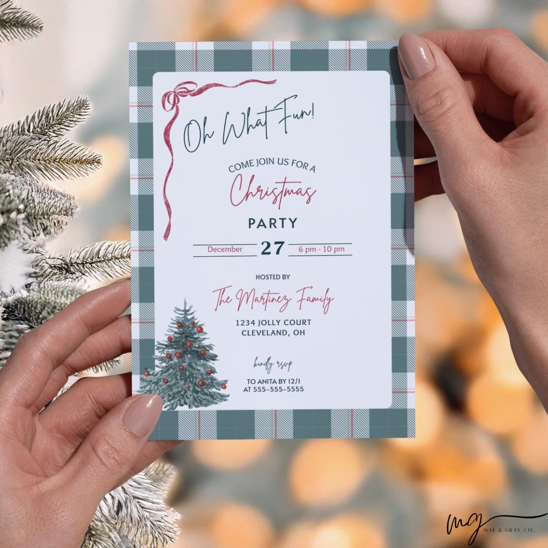 Editable Oh What Fun Christmas Party Invitation | Plaid Holiday Invite ...