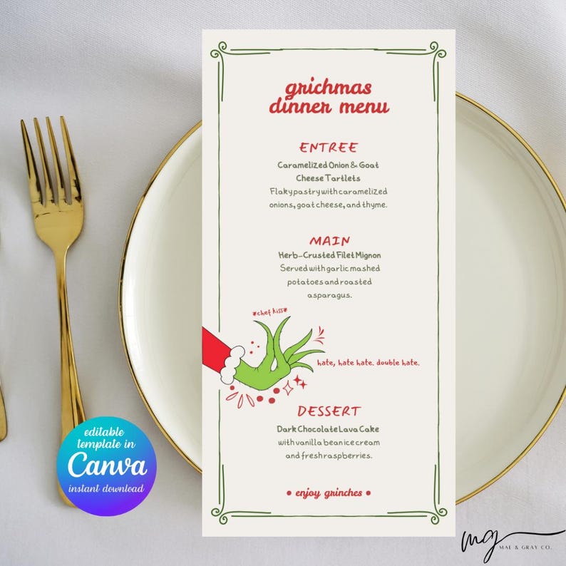 Whimsical Holiday Dinner Menu Template | Grumpy Christmas Party ...