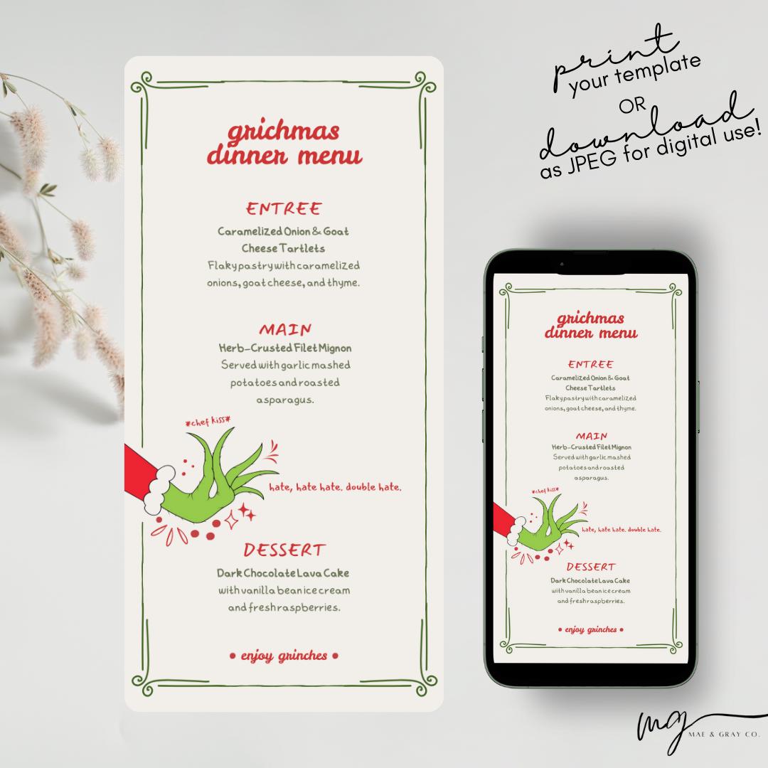 Whimsical Holiday Dinner Menu Template | Grumpy Christmas Party ...