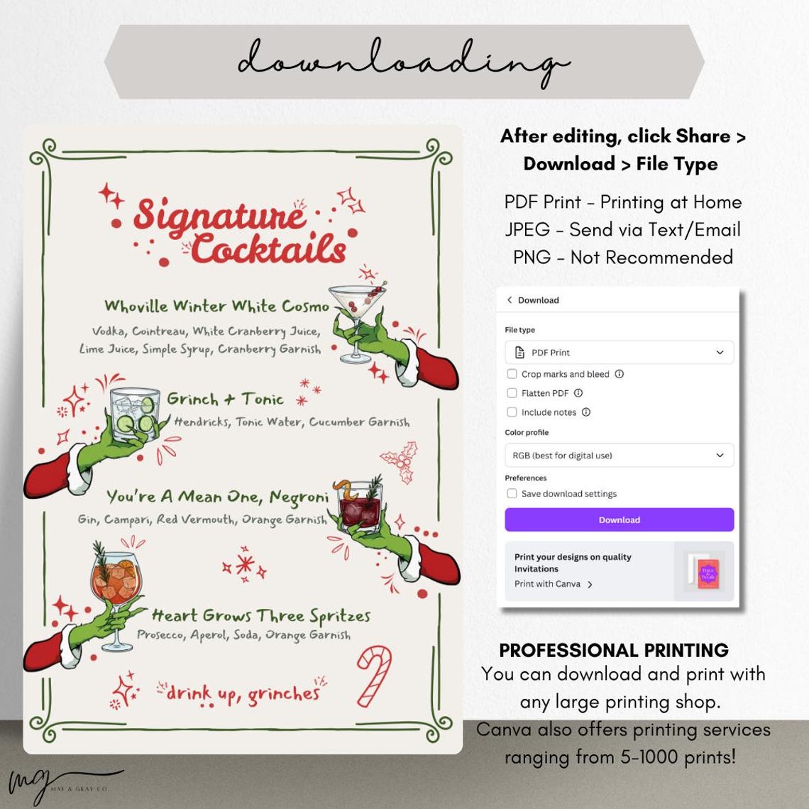 Editable Grumpy Holiday Bar Sign | Green Hand Christmas Cocktail Menu ...