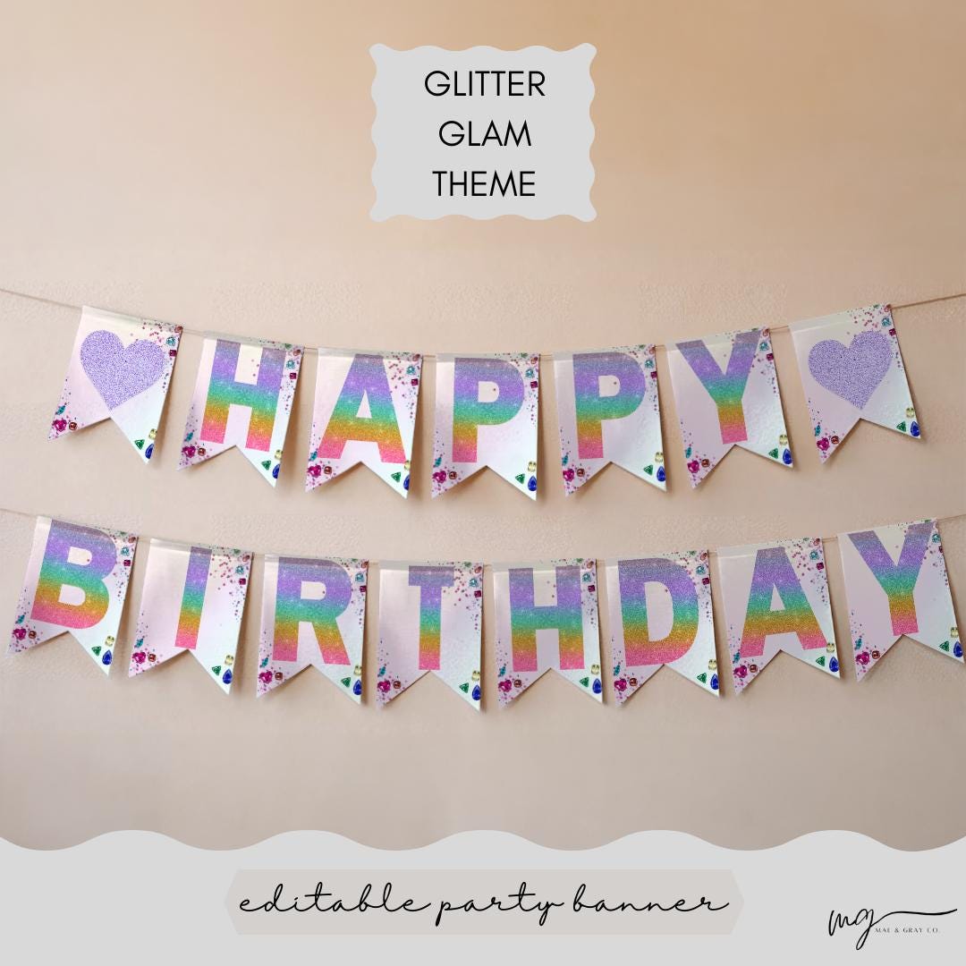 Rainbow Glitter Birthday Banner: Glam Party Decoration (printable Canva ...