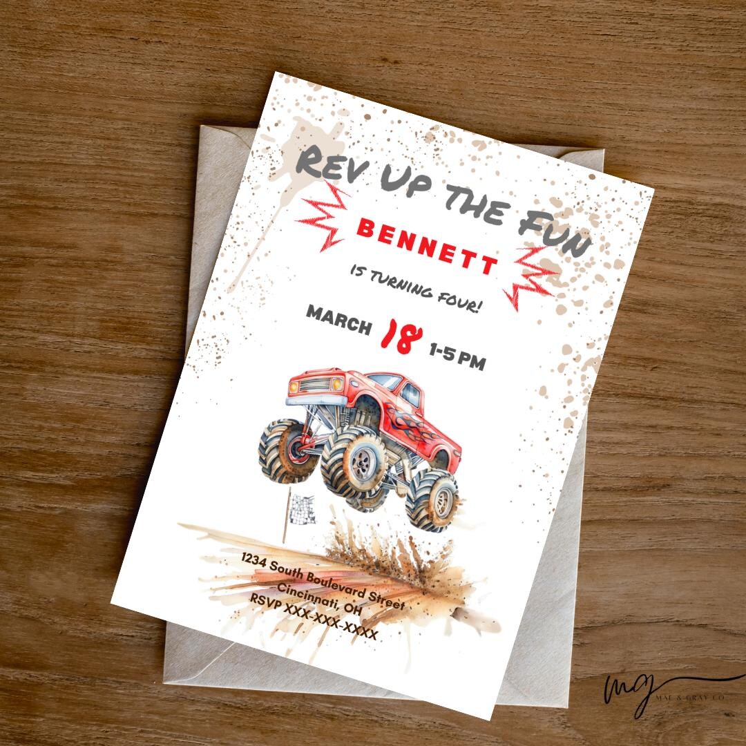 Monster Truck Birthday Invitation: Mud and Jump Party, Editable Canva ...