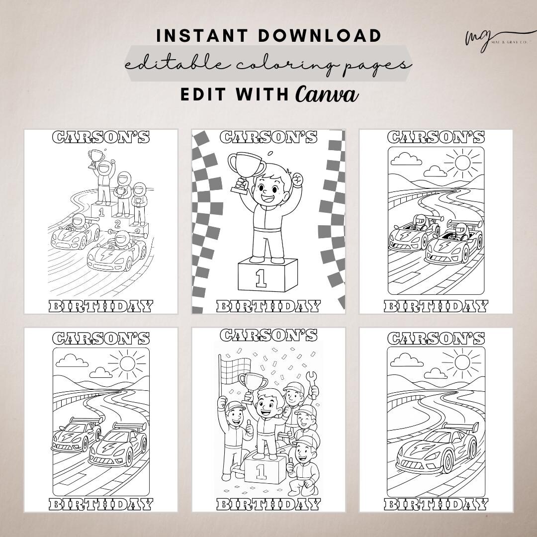Editable Racing Coloring Pages: Race Car Birthday Party Activity (set ...
