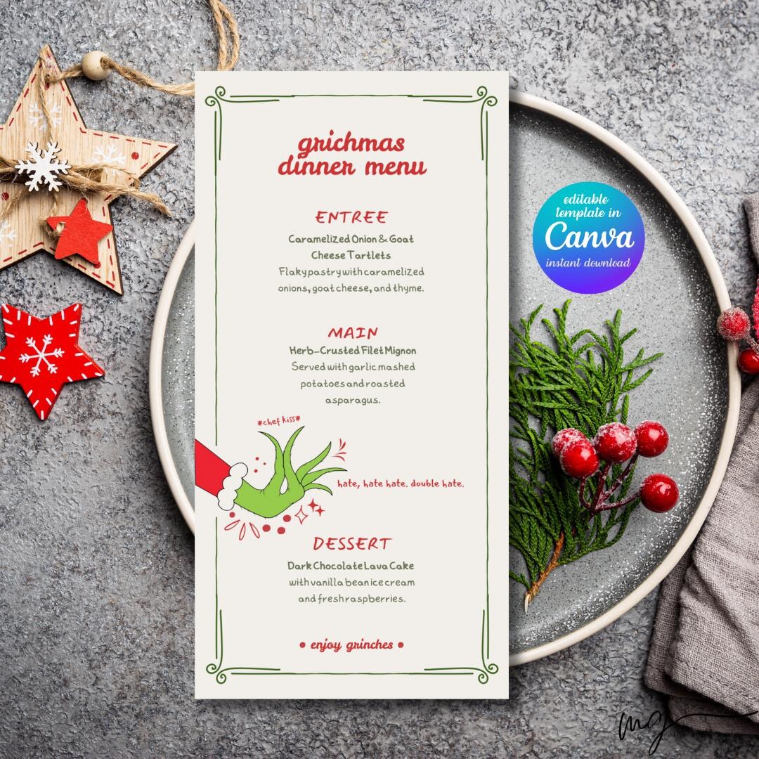 Whimsical Holiday Dinner Menu Template | Grumpy Christmas Party ...