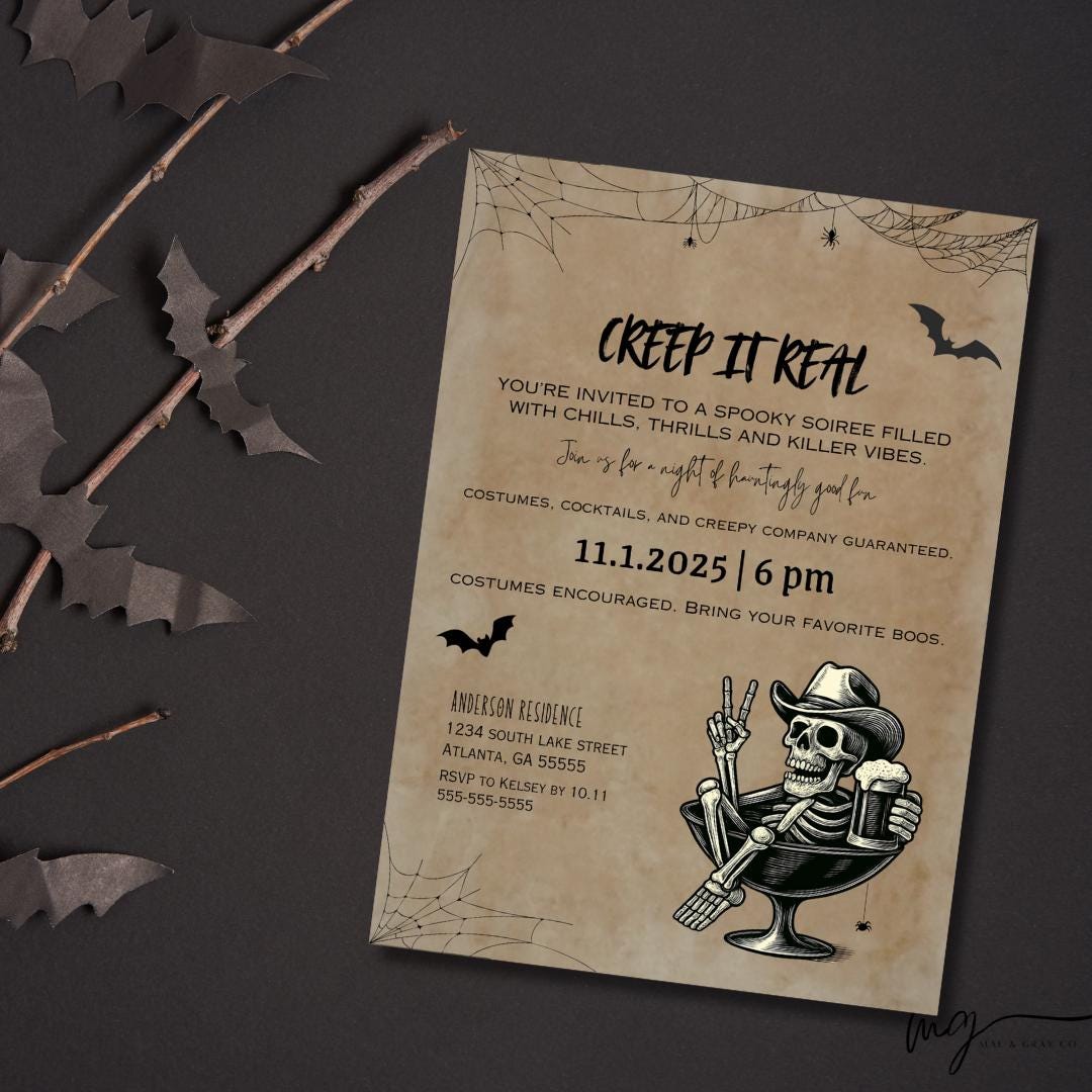 Creep It Real Halloween Party Invitation: Skeleton Cowboy Canva ...