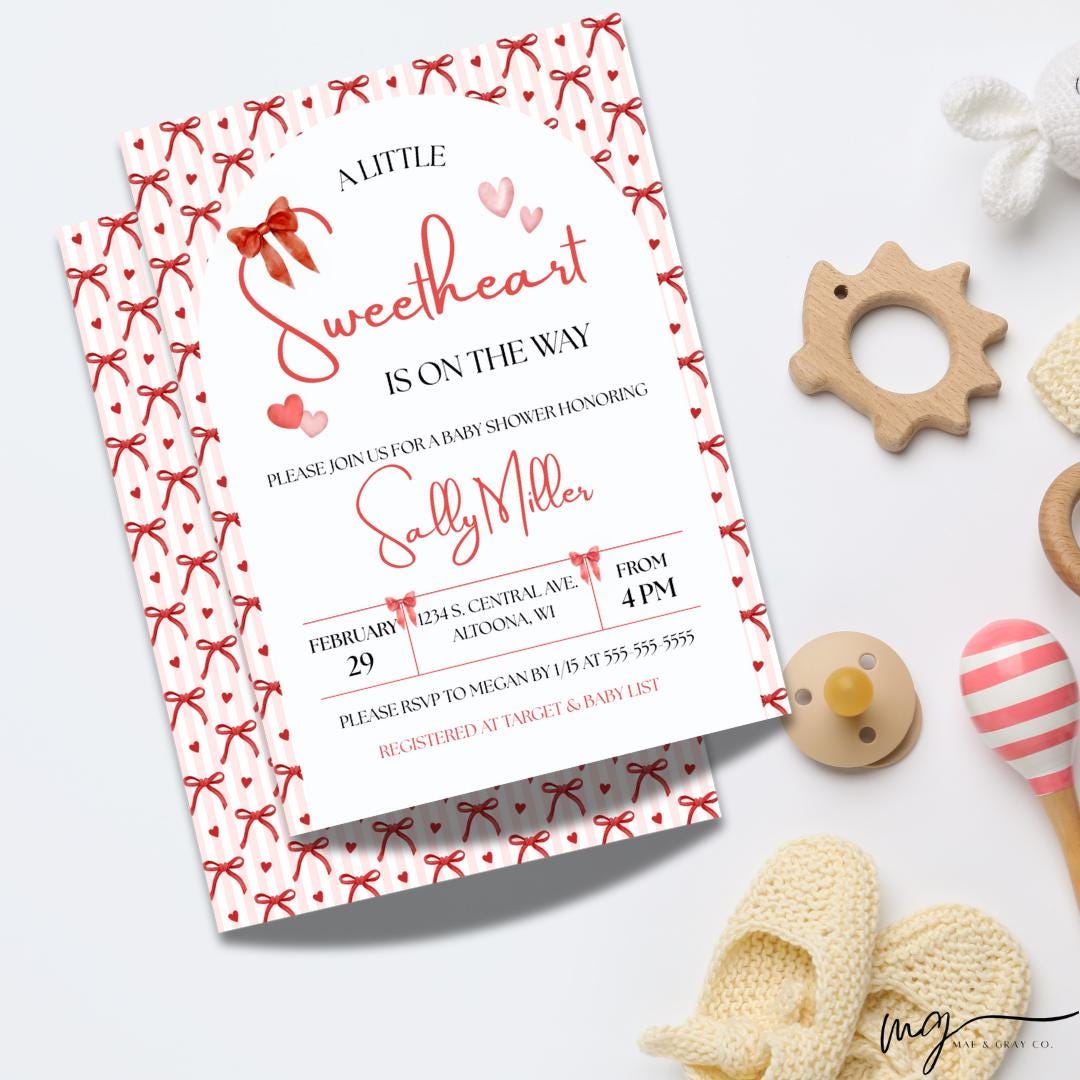 Editable Sweetheart Baby Shower Invitation | Red Bow Heart Theme ...