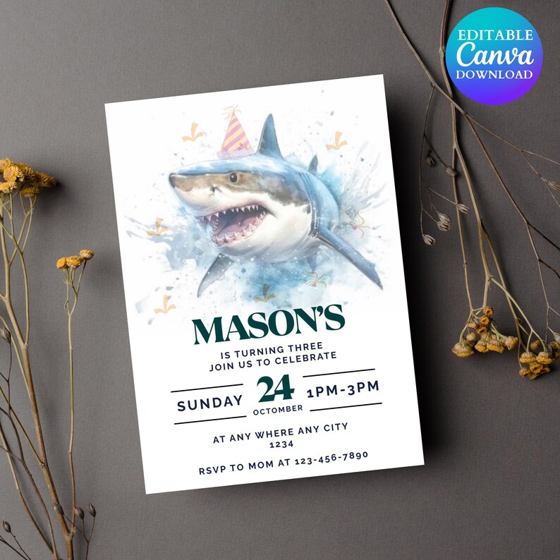 Shark Birthday Invitation: Editable Kids Party Invite, Ocean Theme (5x7 ...