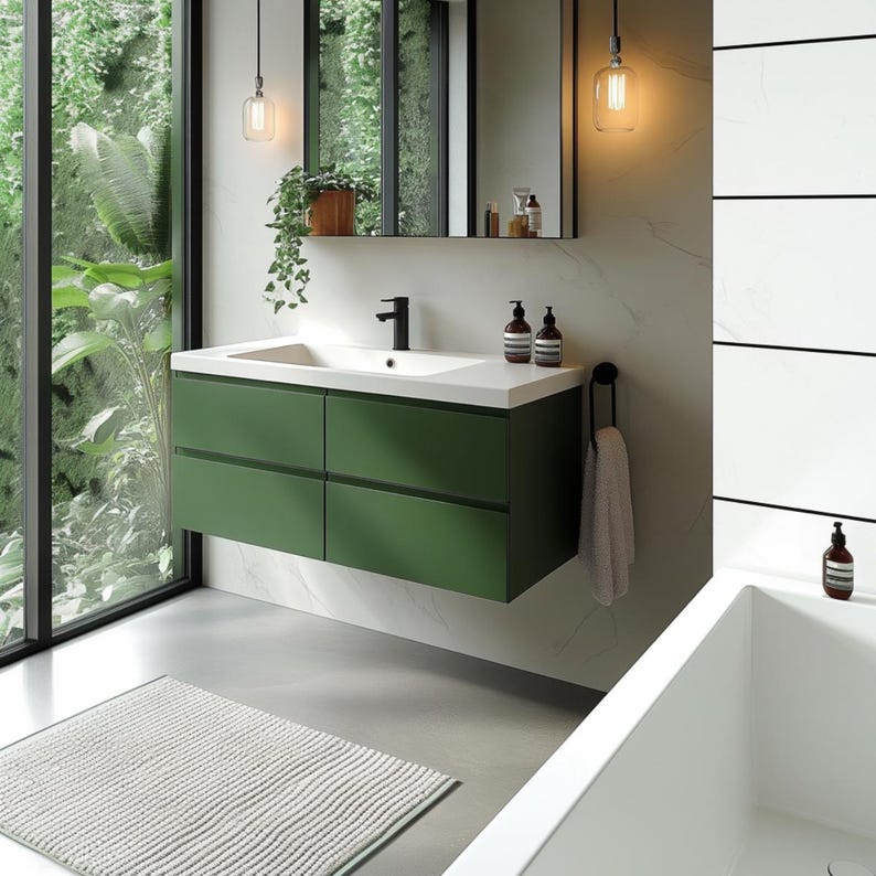Sage Green Double Sink Floating Vanity: Japandi Style Bathroom Cabinet ...