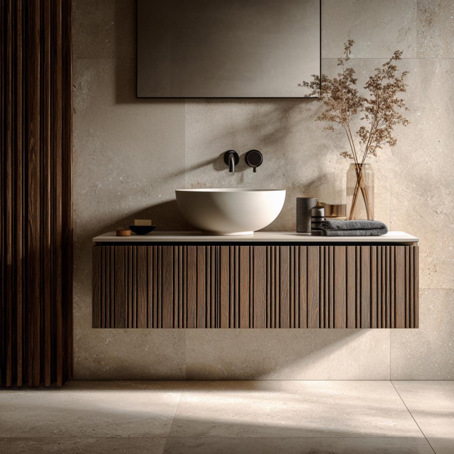 Floating Wooden Slat Vanity: Walnut Japandi-style Bathroom Cabinet - Etsy