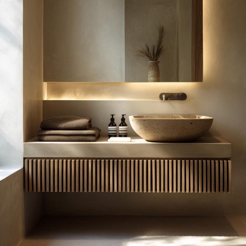 Fluted Oak Floating Vanity: Modern Spa Bathroom Cabinet, Custom Size ...