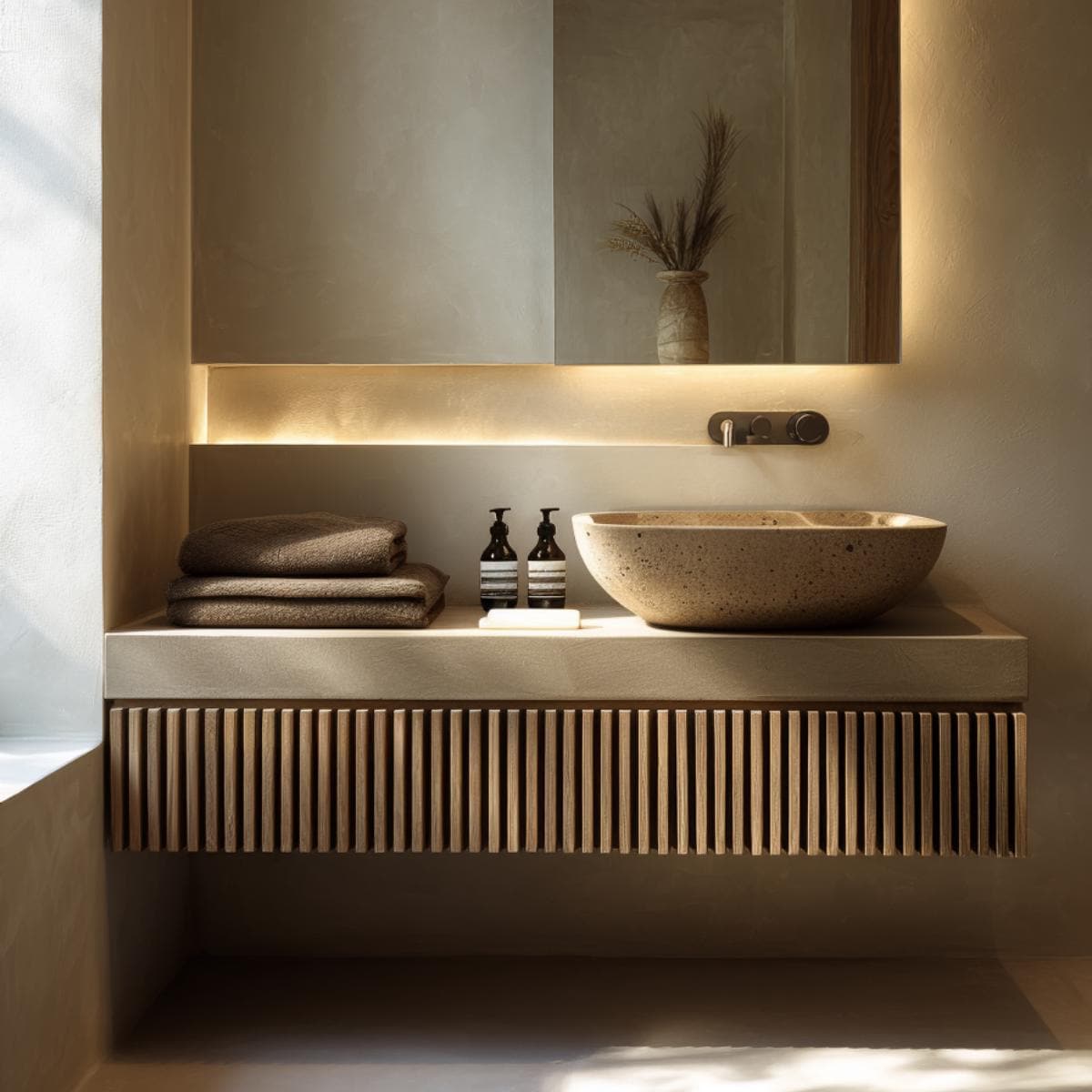 Fluted Oak Floating Vanity: Modern Spa Bathroom Cabinet, Custom Size - Etsy
