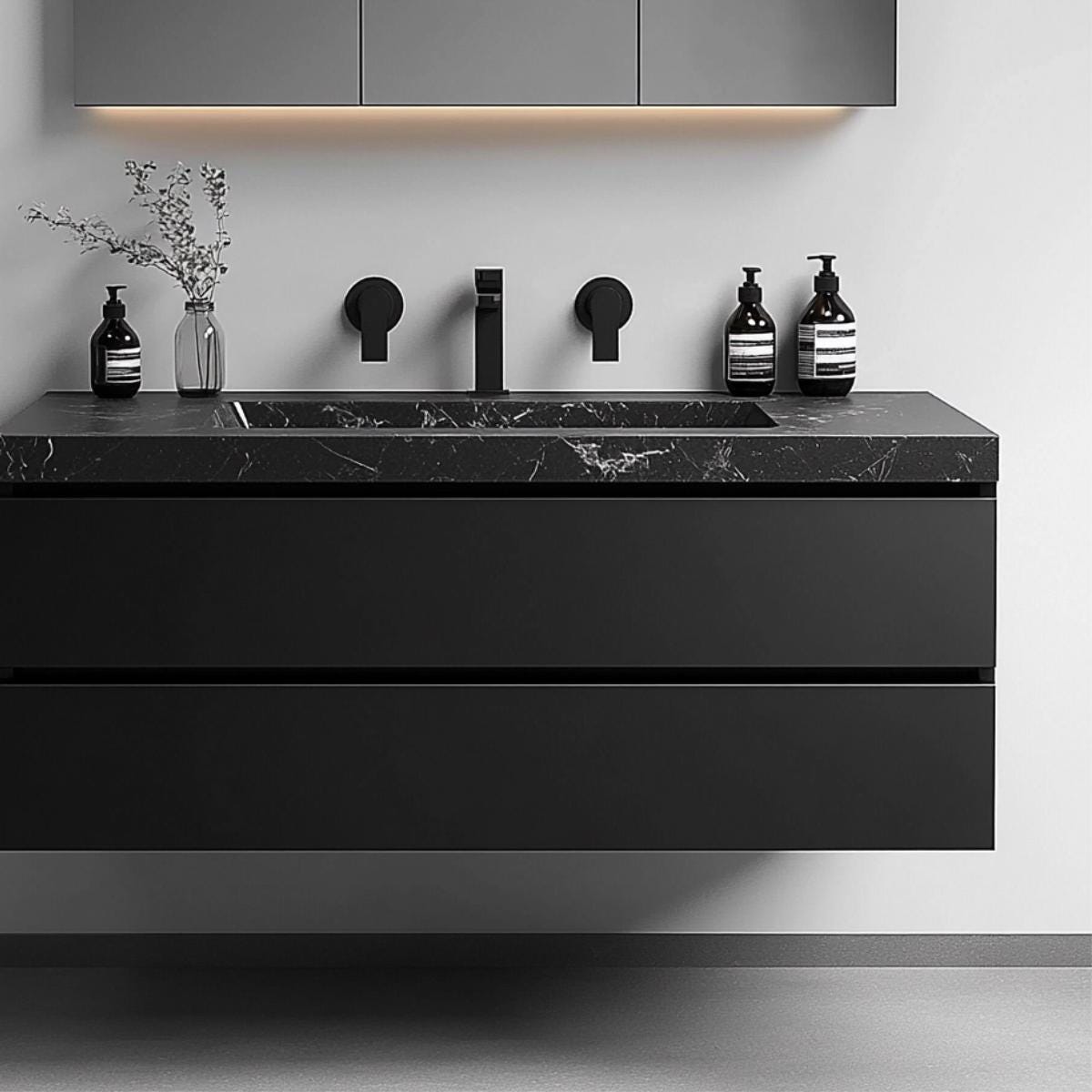 Matte Black Floating Bathroom Vanity: Handleless Modern Minimalist ...