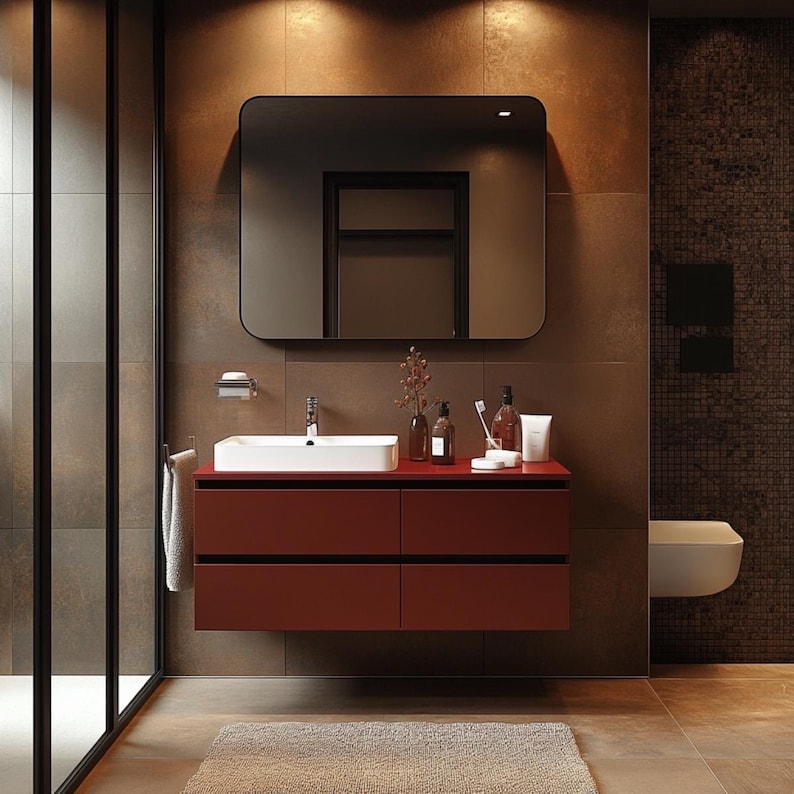 Burgundy Floating Double Sink Vanity: Wine Red Art Deco Bathroom ...