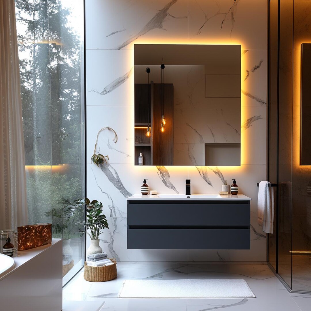 Navy Blue Floating Bathroom Vanity: Handleless Modern Wall-mounted ...