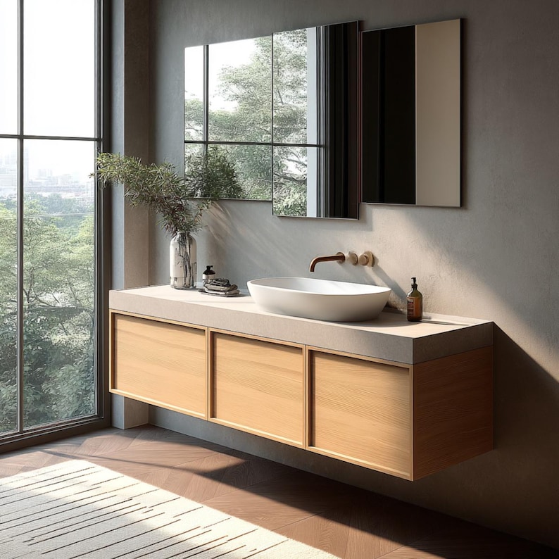 White Oak Floating Bathroom Vanity – Modern Minimalist Wall-mounted ...
