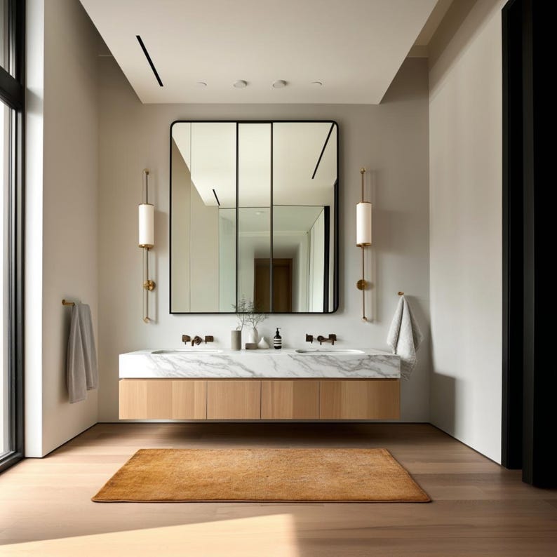 Floating Oak Double Sink Bathroom Vanity | Handleless Drawers | Custom ...