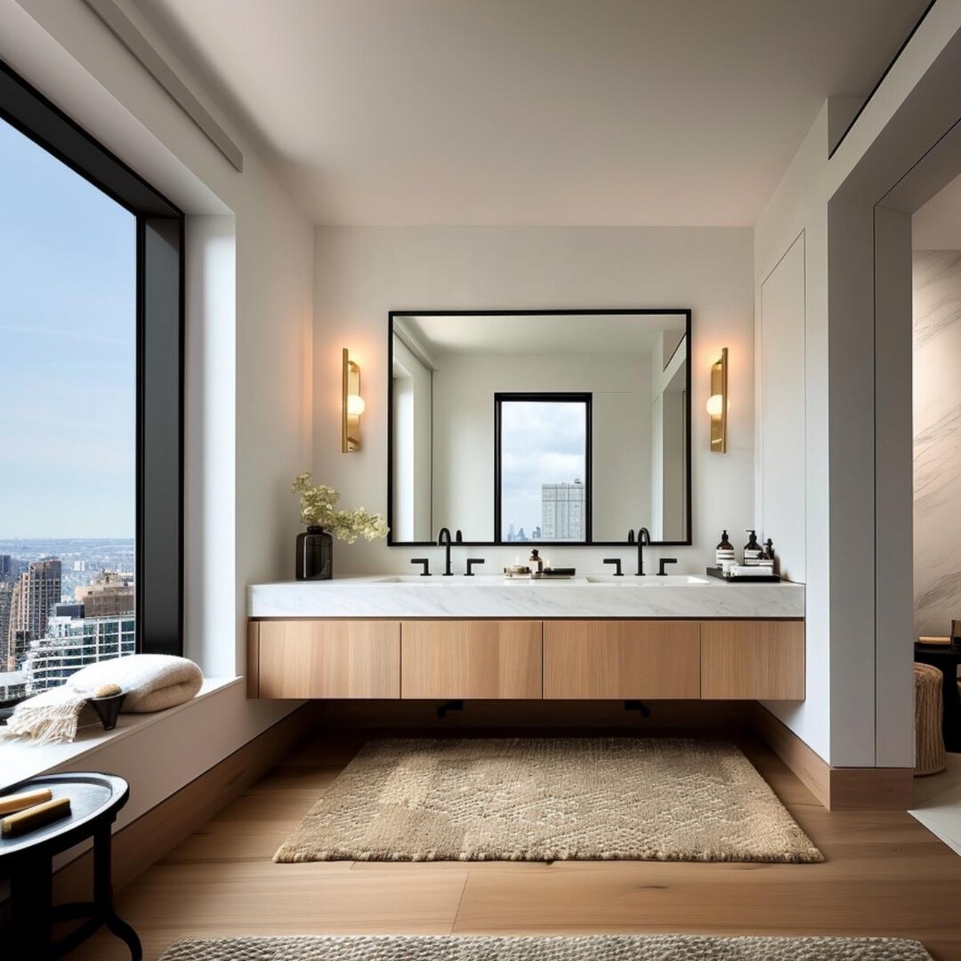 Floating Oak Double Sink Bathroom Vanity | Handleless Drawers | Custom ...