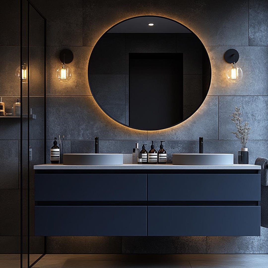 Navy Blue Double Sink Floating Vanity: Custom Modern Bathroom Cabinet ...