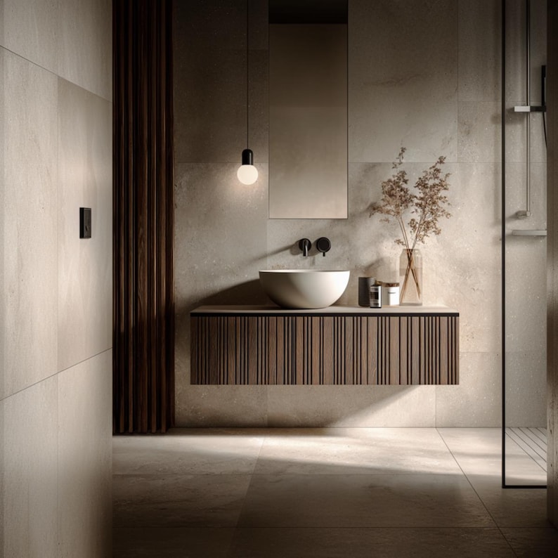 Floating Wooden Slat Vanity: Walnut Japandi-style Bathroom Cabinet - Etsy