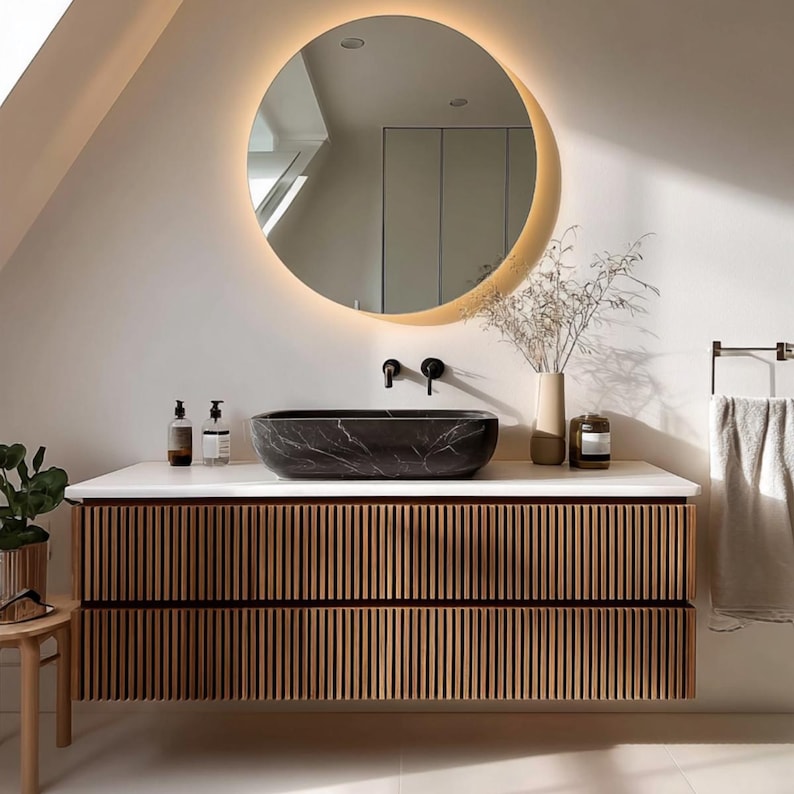 Fluted White Oak Floating Vanity | Modern Spa Bathroom Cabinet - Etsy