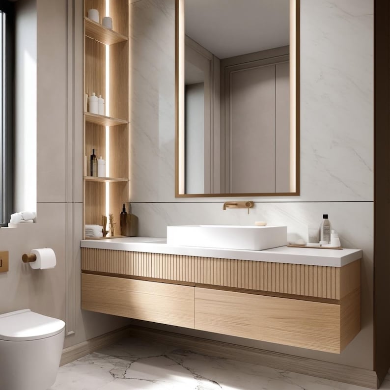 Fluted White Oak Floating Bathroom Vanity | Modern Wall Mounted Custom ...