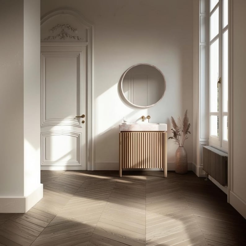 30" Freestanding White Oak Bathroom Vanity: Fluted Handleless Cabinet ...