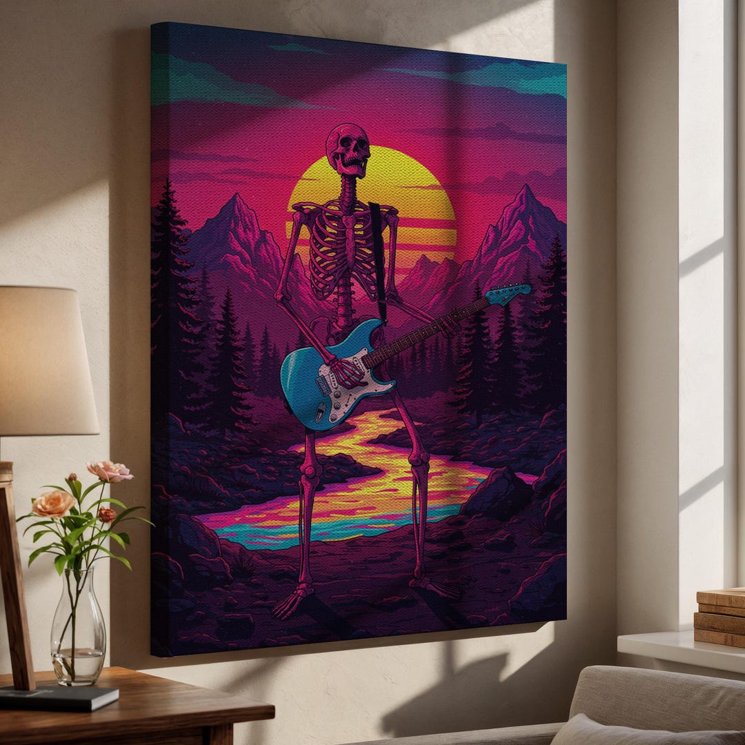 Psychedelic Skeleton Guitar Canvas, Neon Sunset Rock Art, Grateful Dead ...
