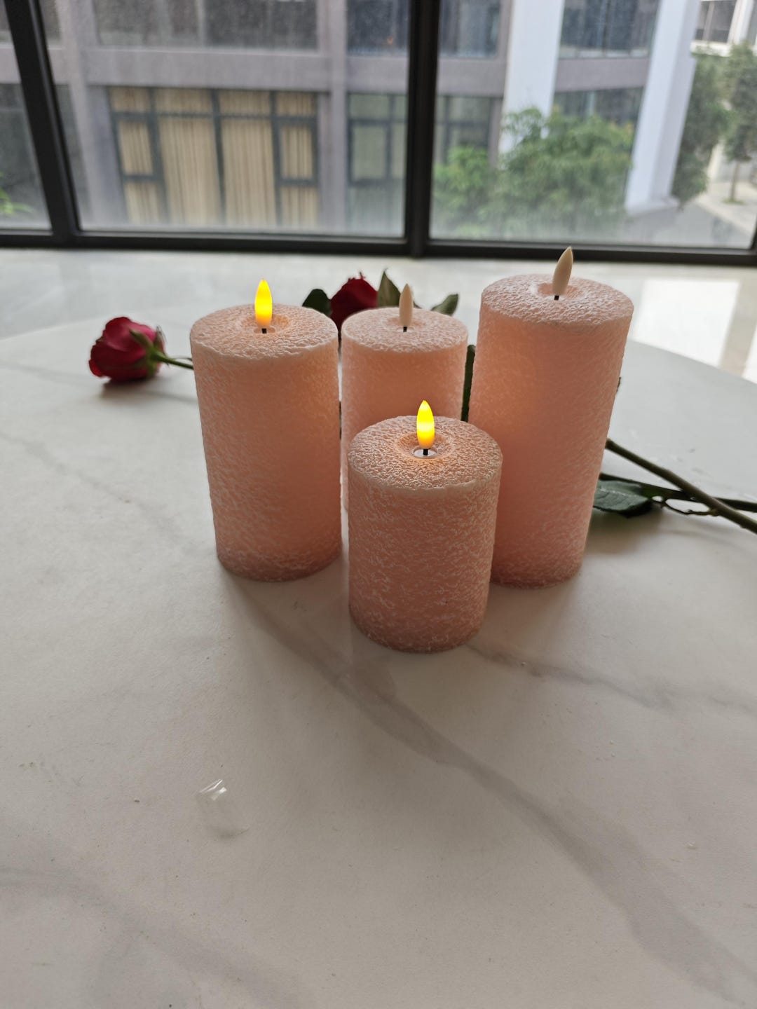Romantic Pink Flameless Pillar 3D Wick Candles , Flat Top Flickering ...