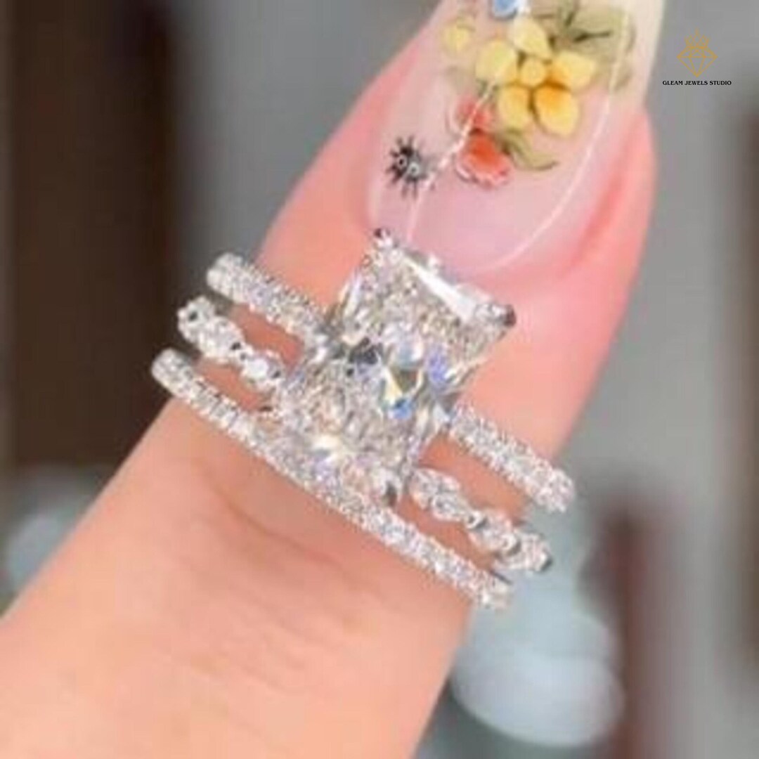 3 CT Radiant Cut Moissanite Three Ring Bridal Ring Set Wedding Ring Set ...