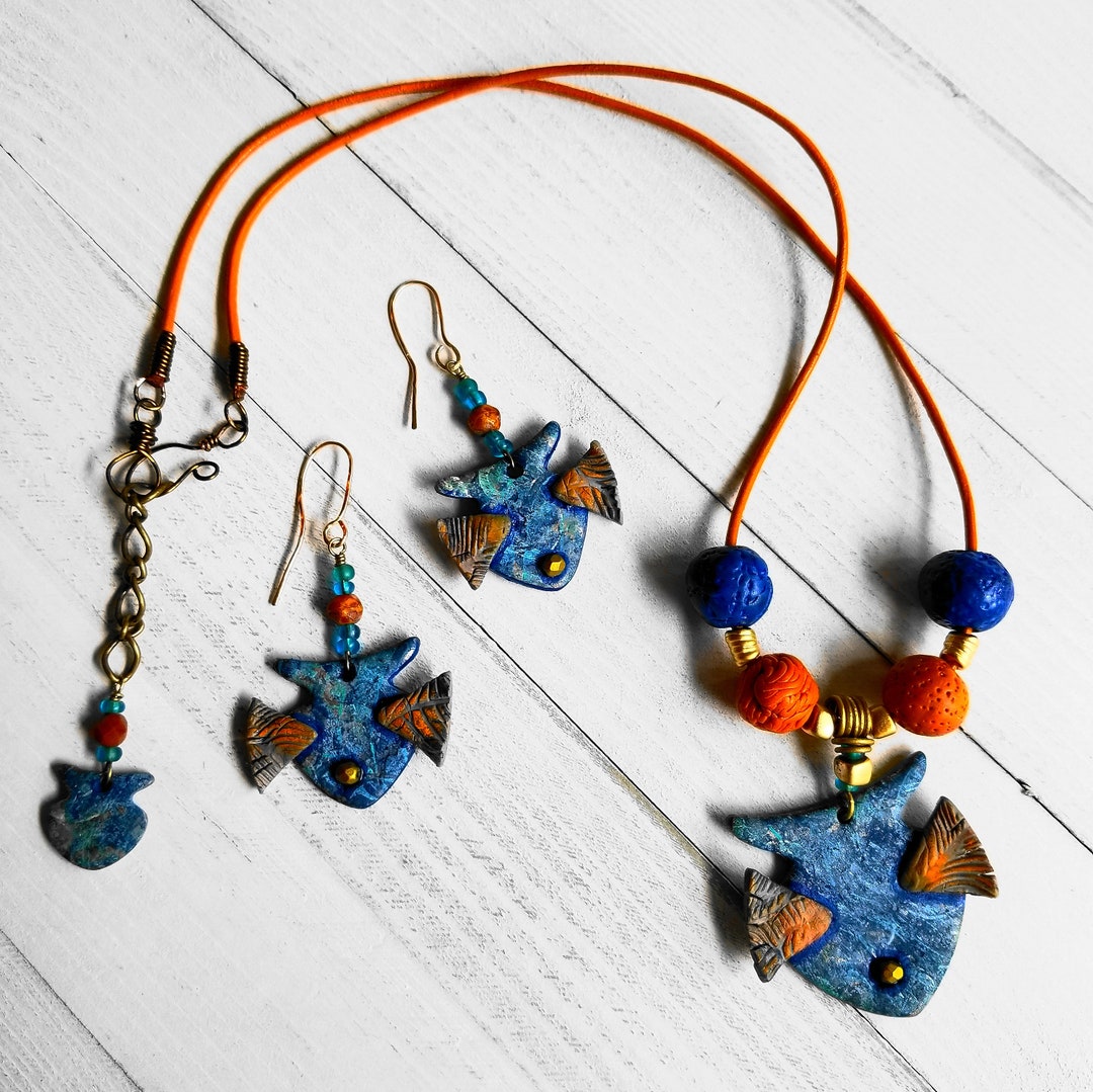 Handmade Wire Wrapped Polymer Clay Angel Fish Mixed Media Necklace and ...