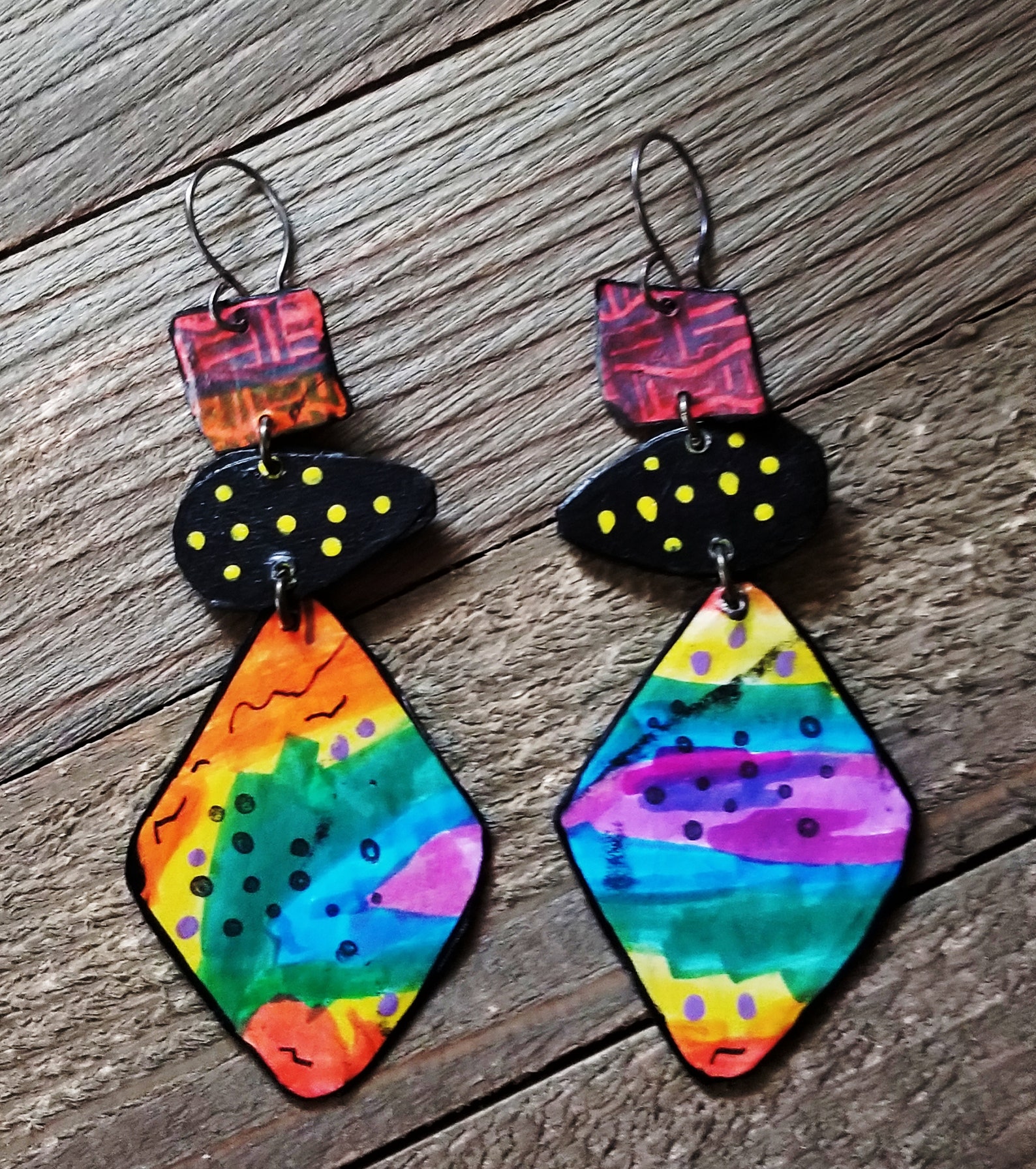 Child Drawn Crayon Paper Earrings Hand Cut Hand Painted by Nava Hand ...