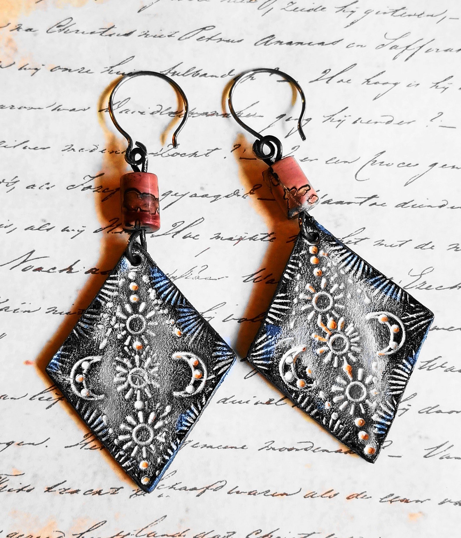 Boho Leather Earrings Hand Tooled Hand Painted Hand Stained - Etsy