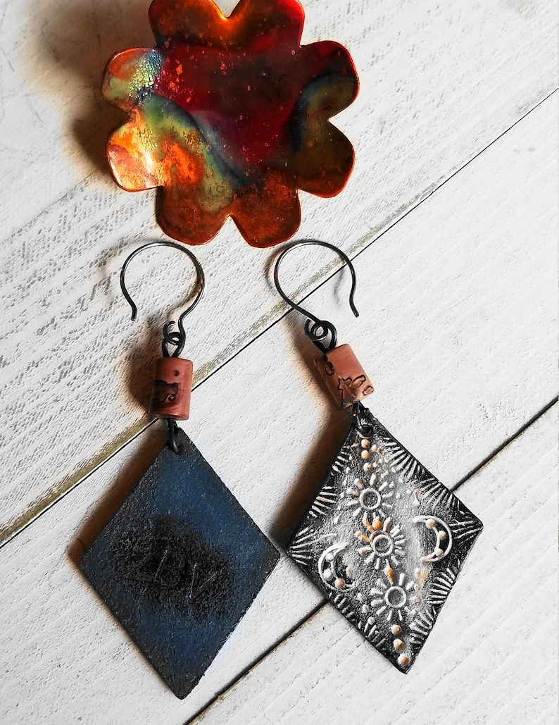 Boho Leather Earrings Hand Tooled Hand Painted Hand Stained - Etsy