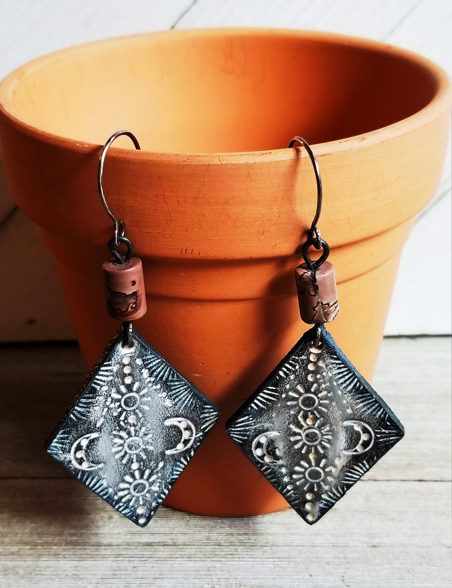 Boho Leather Earrings Hand Tooled Hand Painted Hand Stained - Etsy