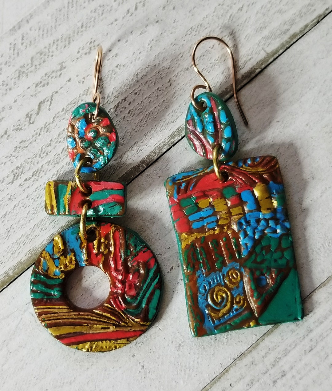 Primitive Rustic Very Colorful Folk Art Mismatched Hand Stamped and ...