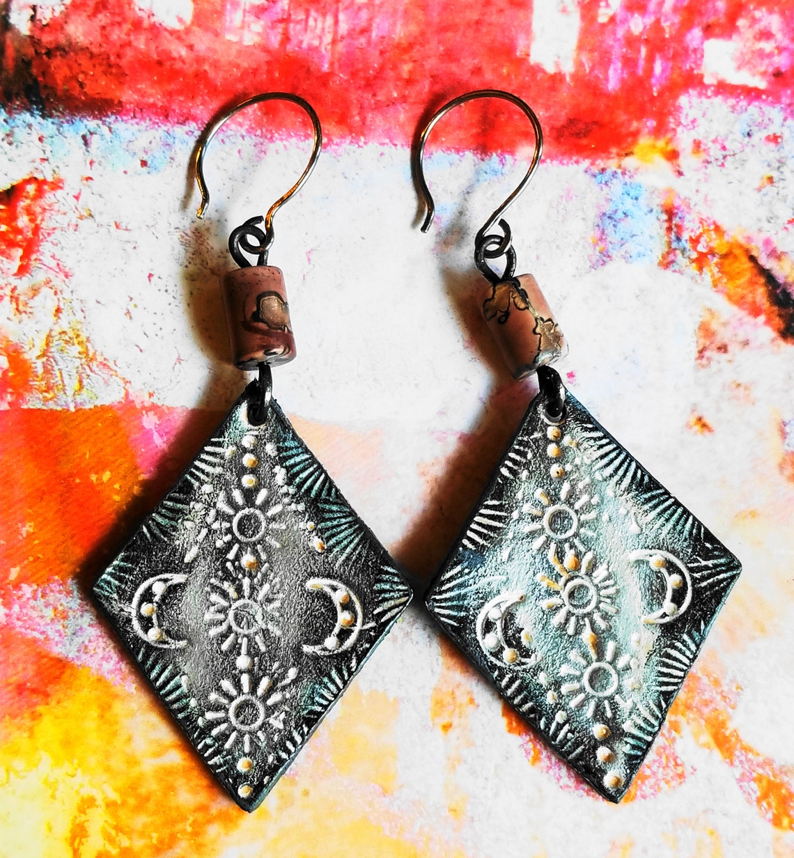 Boho Leather Earrings Hand Tooled Hand Painted Hand Stained - Etsy