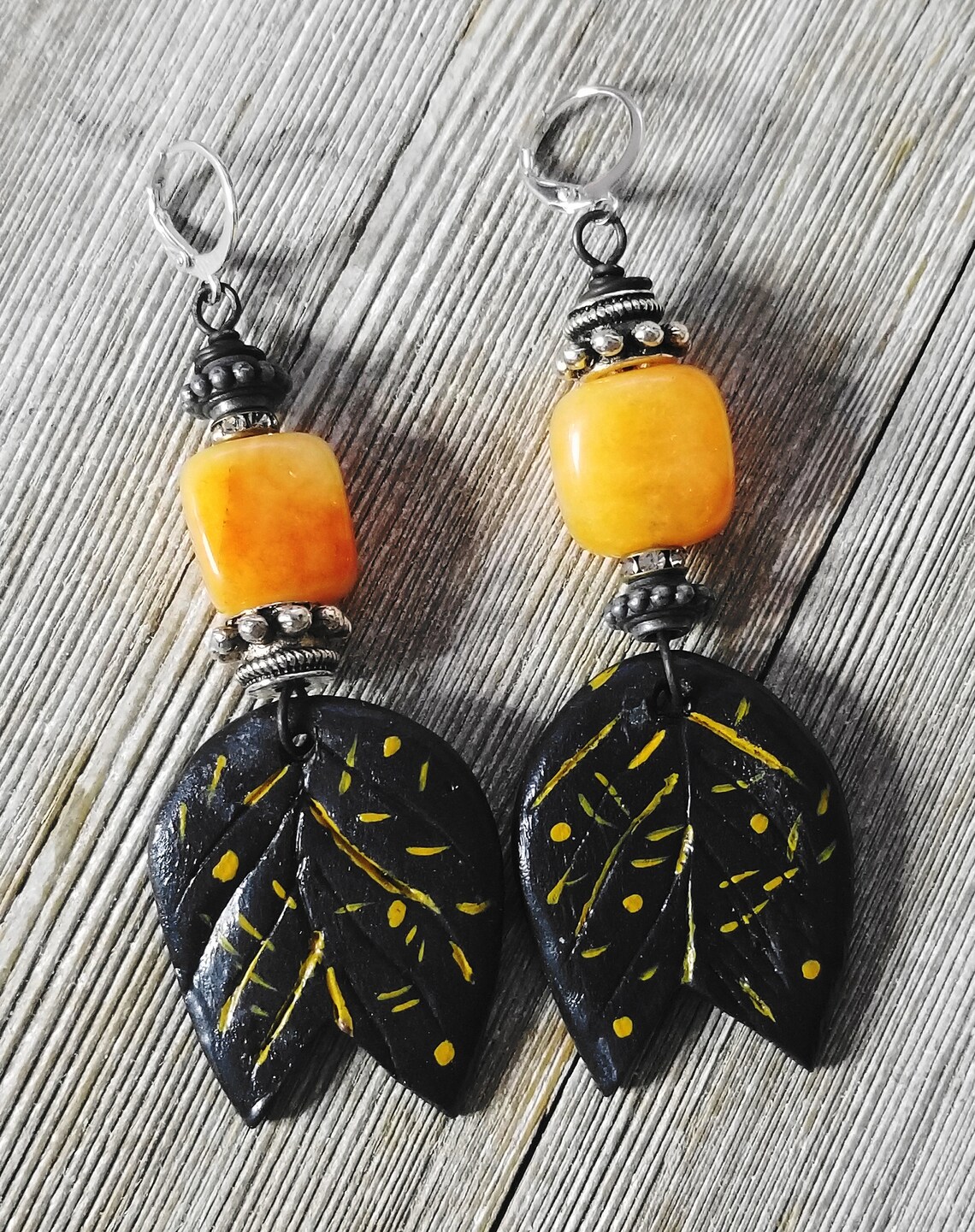 Recycled Asymmetric Hand Painted Polymer Clay Dangle Earrings W/ Yellow ...