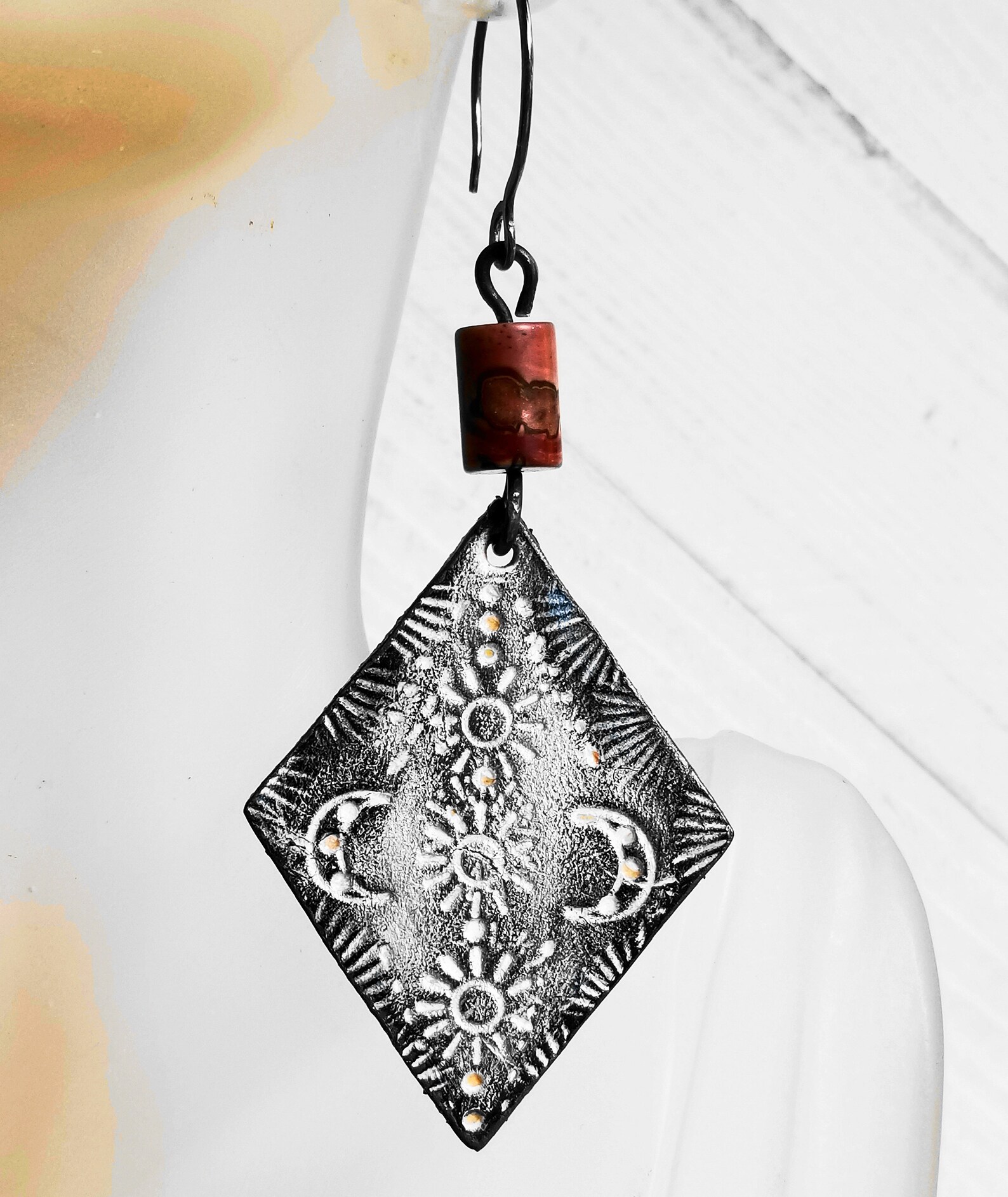 Boho Leather Earrings Hand Tooled Hand Painted Hand Stained - Etsy