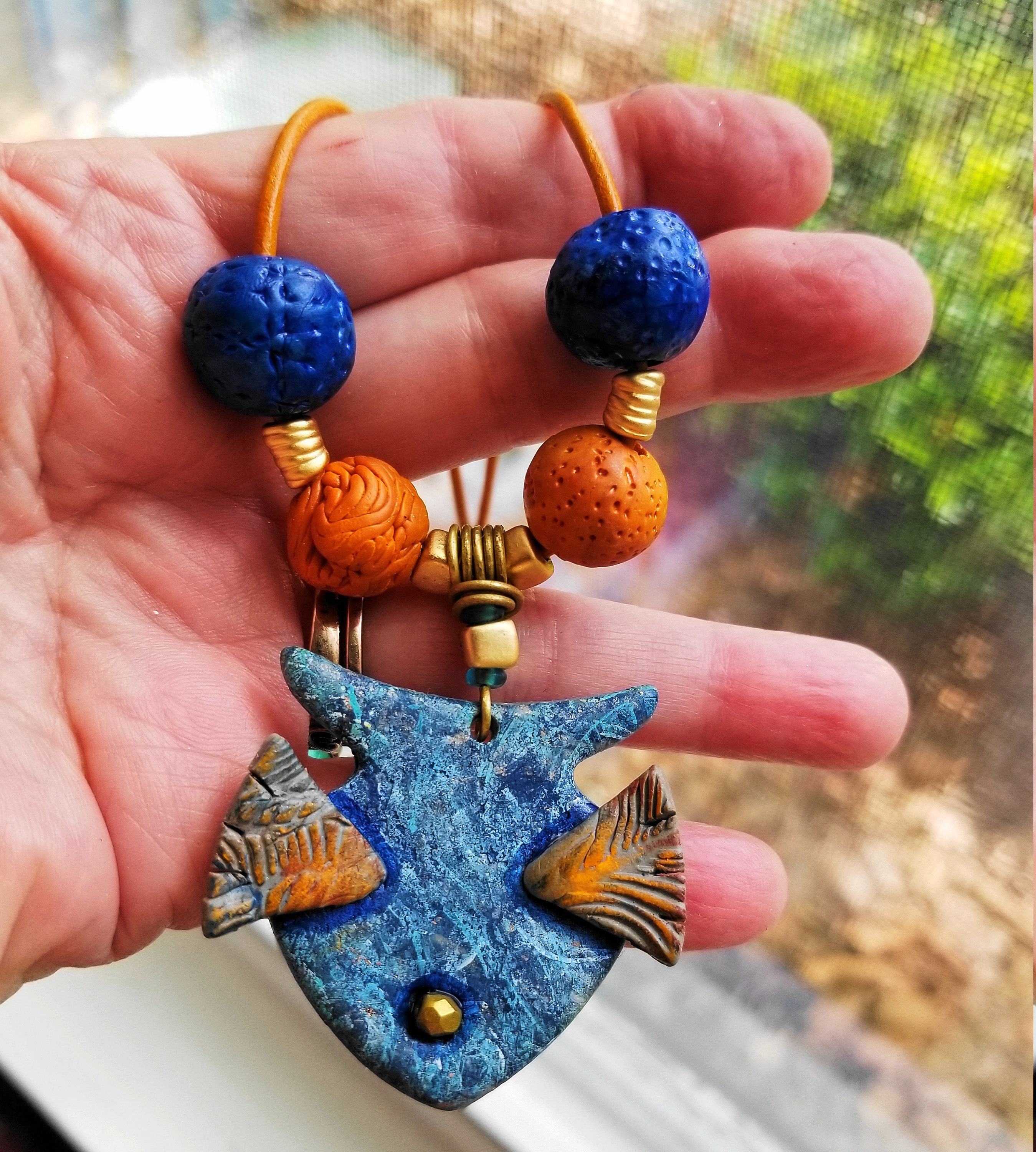 Handmade Wire Wrapped Polymer Clay Angel Fish Mixed Media Necklace and ...