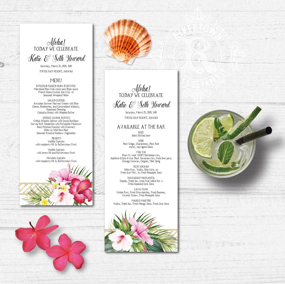 TEMPLATE Hawaiian Menu and Drinks Cards Tropical, Destination, Hibiscus ...