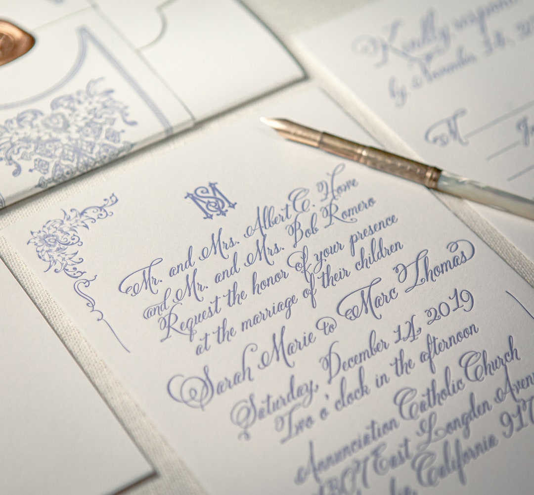 Letterpress Wedding Invitation Calligraphy Vintage Monogram Pocket Fold ...