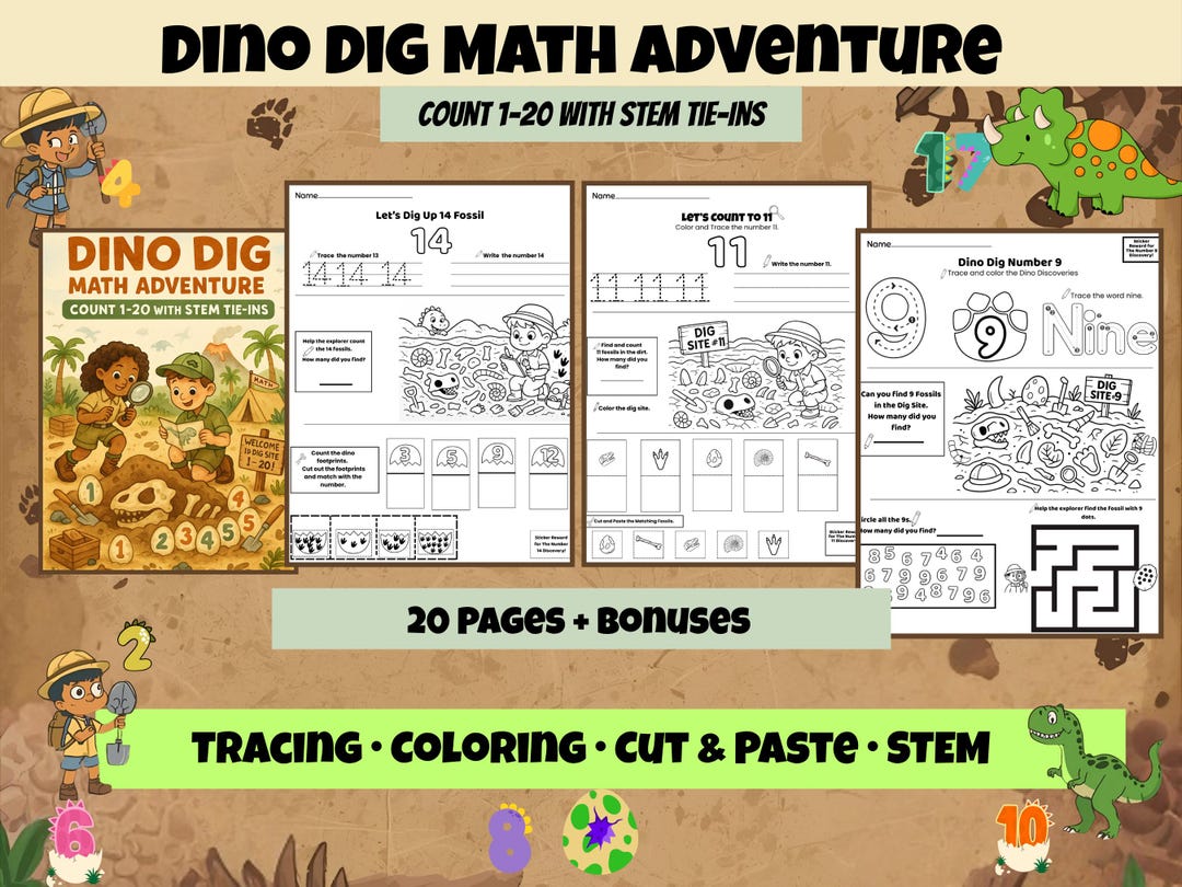 Dino Dig Math Worksheets 1–20 | Dinosaur Preschool Counting Pack | STEM ...